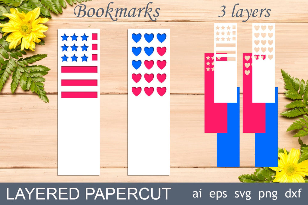 Patriotic bookmarks with USA flag, Layered papercut template svg - So ...