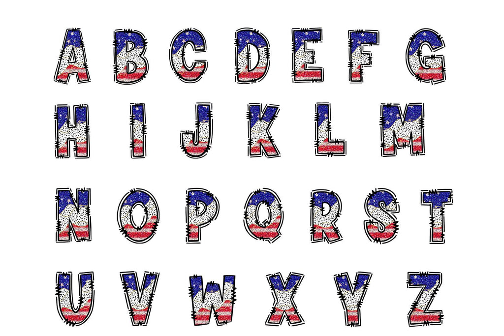 Patriotic Glitter Alphabet PNG, USA Doodle Letters Clipart - So Fontsy