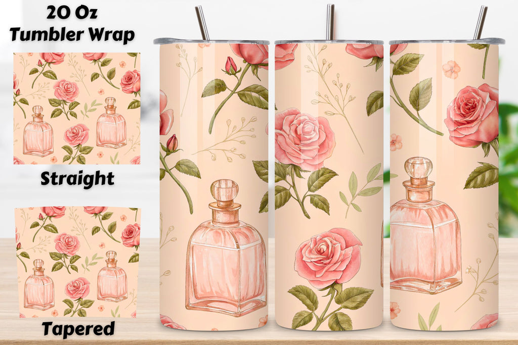 Perfume Bottle Rose Seamless Tumbler Wrap, Glassy Pink Roses with Label ...