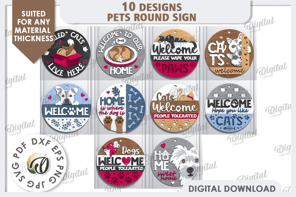 Pets Round Signs Laser Cut Bundle. Welcome Door Hanger SVG - So Fontsy