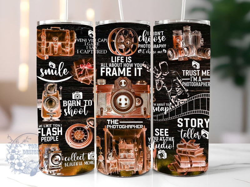 Photographer's Life 20oz Skinny Tumbler, Vintage Camera Tumbler Png ...