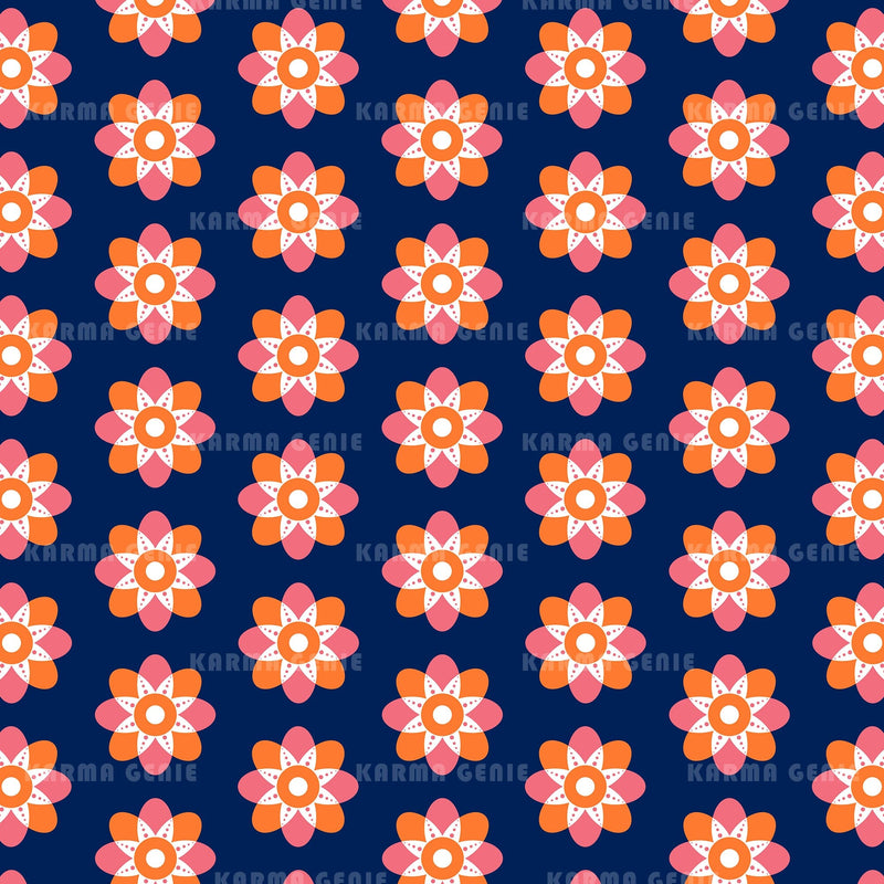 Pink And Orange Retro Flowers On Dark Blue Pattern Digital Paper - So ...