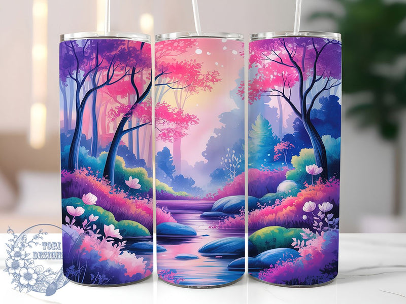 Pink Blossom River Landscape Tumbler, Painterly River Scene, Floral ...
