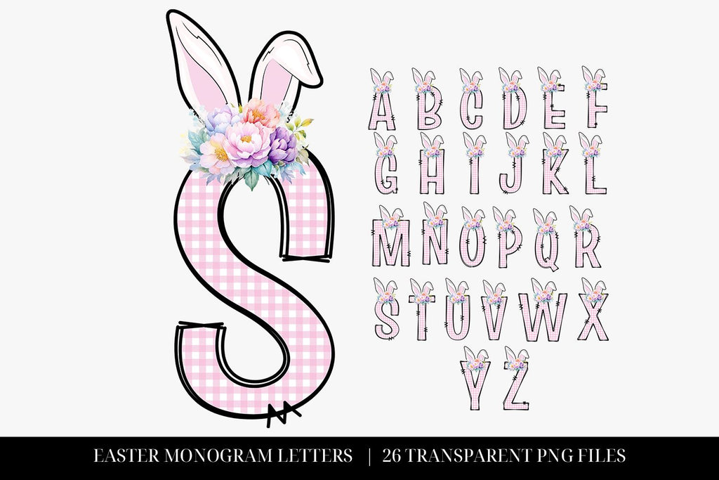 Pink Bunny Ears Letters PNG, Floral Gingham Doodle Alphabet - So Fontsy