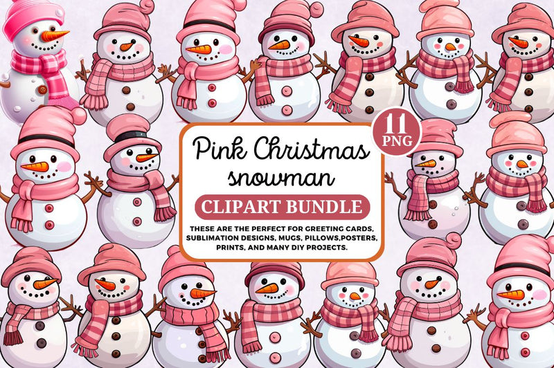 Pink Christmas Snowman PNG Clipart Bundle - So Fontsy