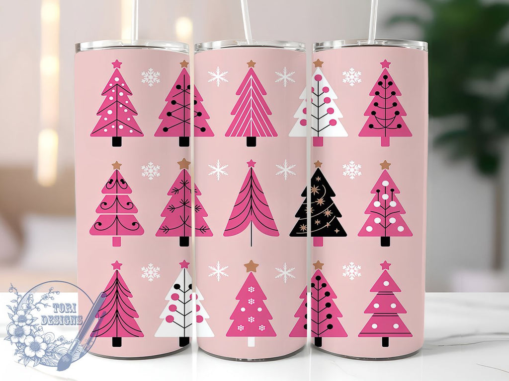 Pink Christmas Tree Tumbler, Winter Holiday Wrap, Cute Christmas Mug Design, Sublimation Wrap ...