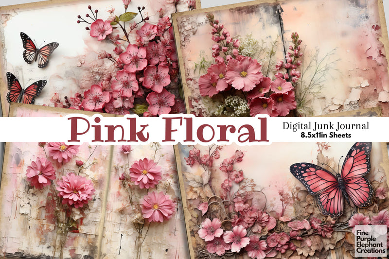 Pink Floral Butterfly Digital Junk Journal Double Pages - So Fontsy