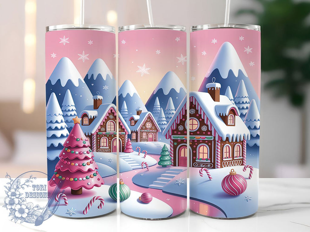 Pink Gingerbread Christmas Village Tumbler, Christmas Holiday Wrap ...