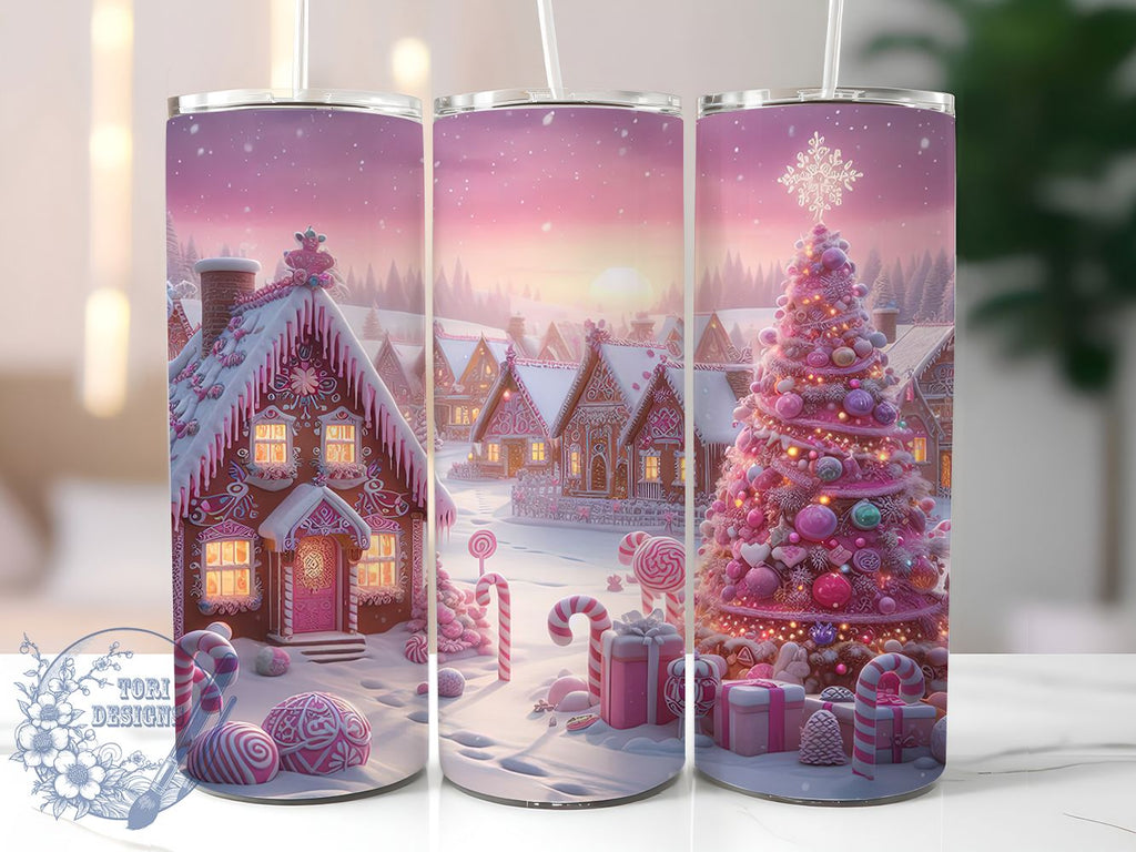 Pink Gingerbread Christmas Village Tumbler, Christmas Holiday Wrap ...