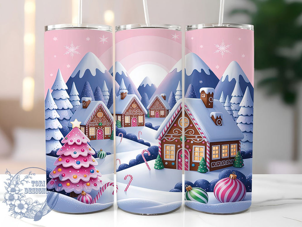 Pink Gingerbread Christmas Village Tumbler, Christmas Holiday Wrap ...