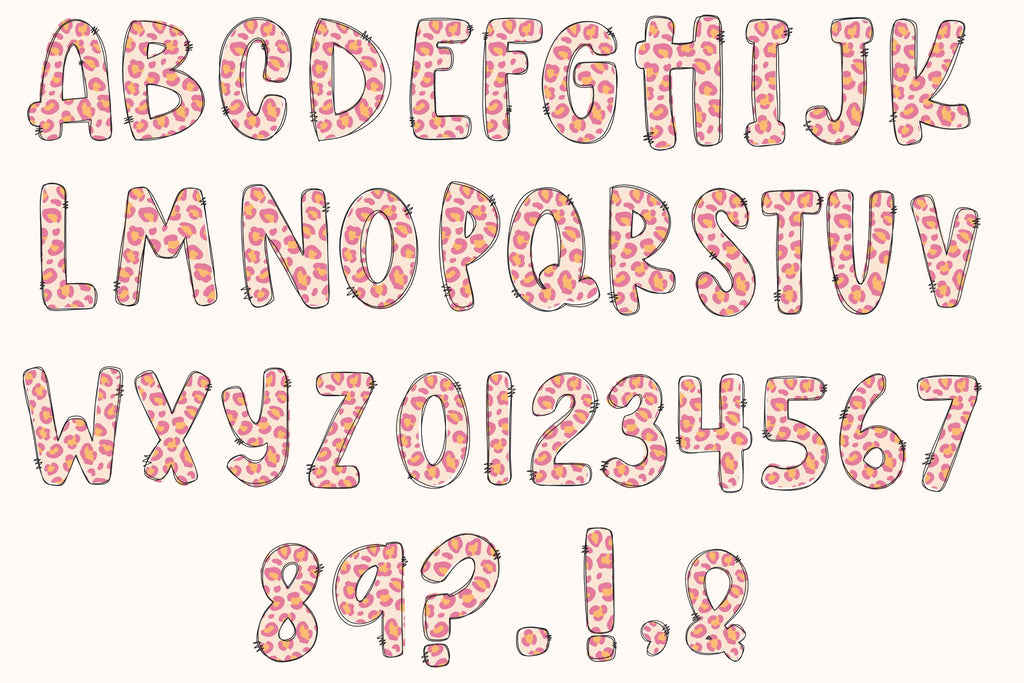 Pink Leopard Print Doodle Letters PNG, Sublimation Alphabet - So Fontsy