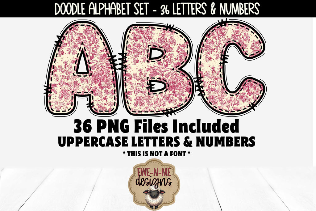 Pink Toile Doodle Alphabet Numbers | Chinoiserie PNG Letters - So Fontsy