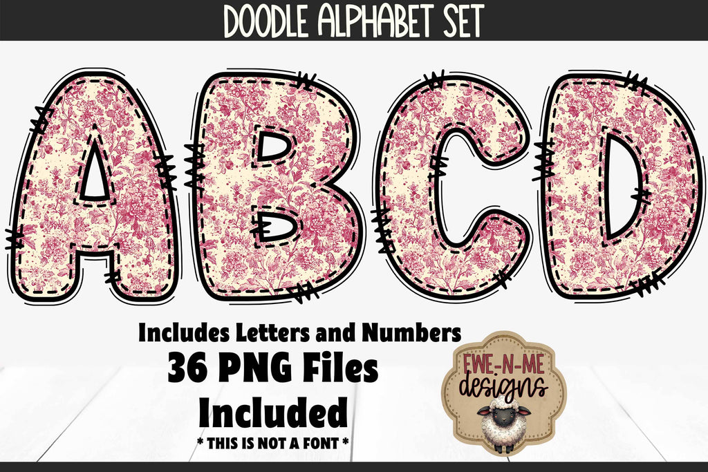 Pink Toile Doodle Alphabet Numbers | Chinoiserie PNG Letters - So Fontsy