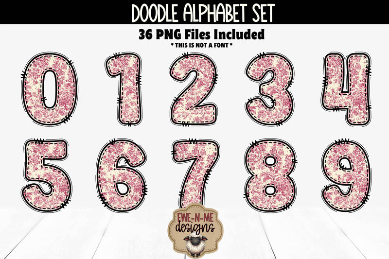 Pink Toile Doodle Alphabet Numbers | Chinoiserie PNG Letters - So Fontsy