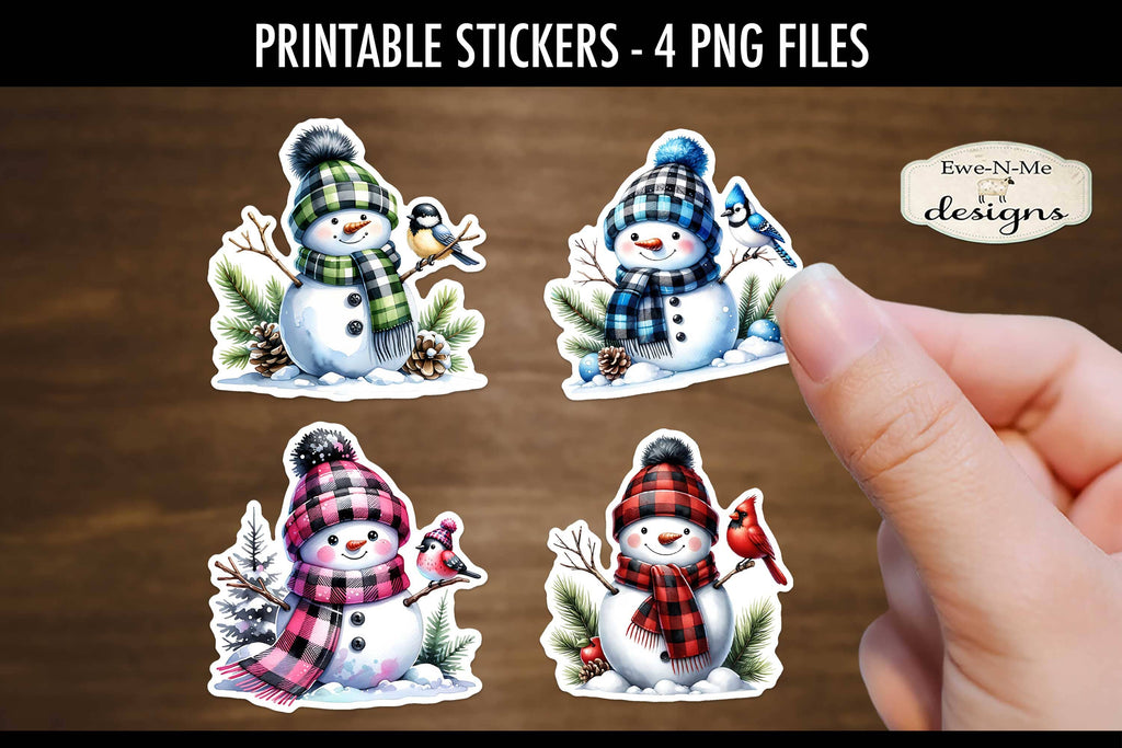 Plaid Snowmen Printable Stickers | 4 Snowman PNG Stickers - So Fontsy