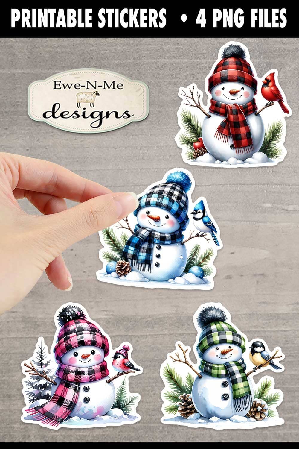 Plaid Snowmen Printable Stickers | 4 Snowman PNG Stickers - So Fontsy