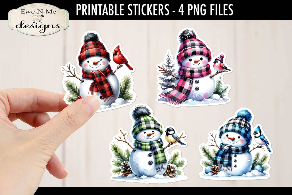 Plaid Snowmen Printable Stickers | 4 Snowman PNG Stickers - So Fontsy