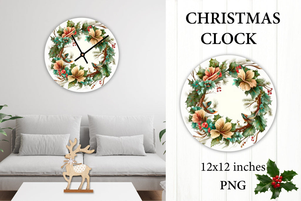 Poinsettia Wreath Sublimation. Clock Face PNG. - So Fontsy