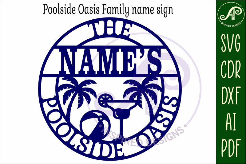 Poolside oasis family name wall art sign - So Fontsy