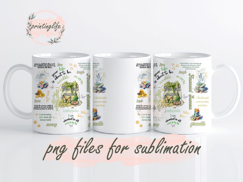 Positive Money Affirmations Mug Wrap Design, Instant Digital Design ...