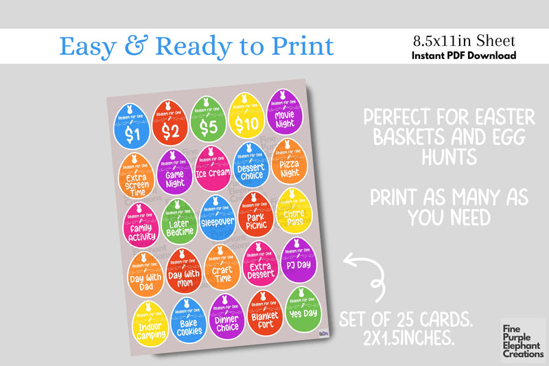 Printable Bright Easter Egg Coupon Digital Paper Cards | Basket Filler ...