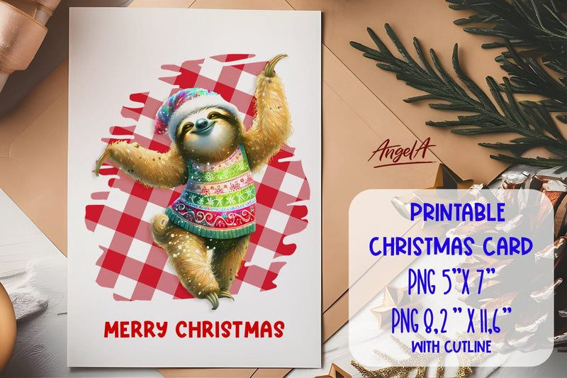 Printable Christmas card template, dancing cute sloth PNG - So Fontsy