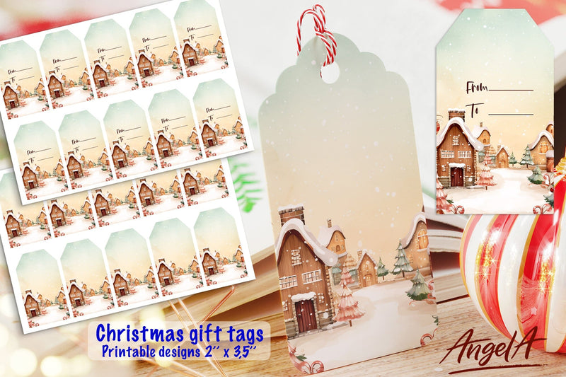 Printable Christmas gift tag, watercolor winter village PNG - So Fontsy