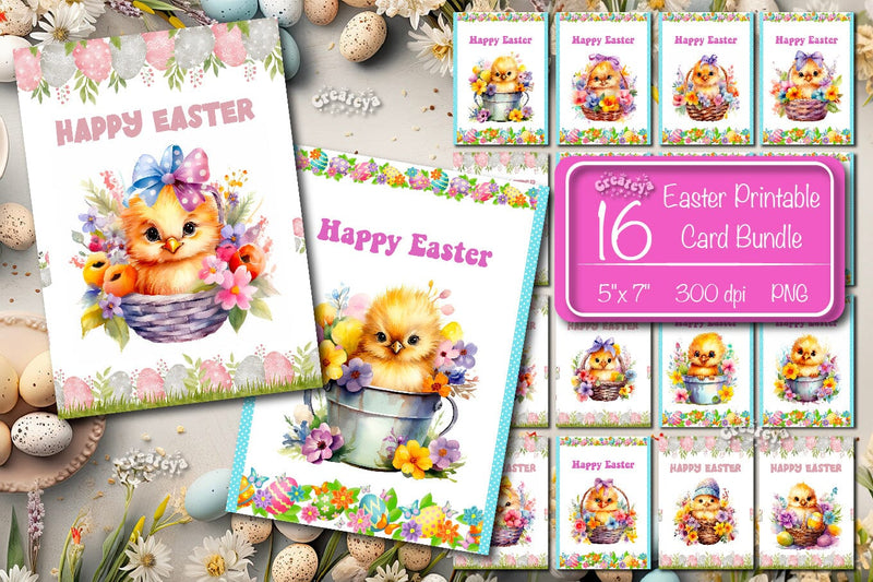 Printable Easter card Bundle Watercolor Easter Chick postcard - So Fontsy