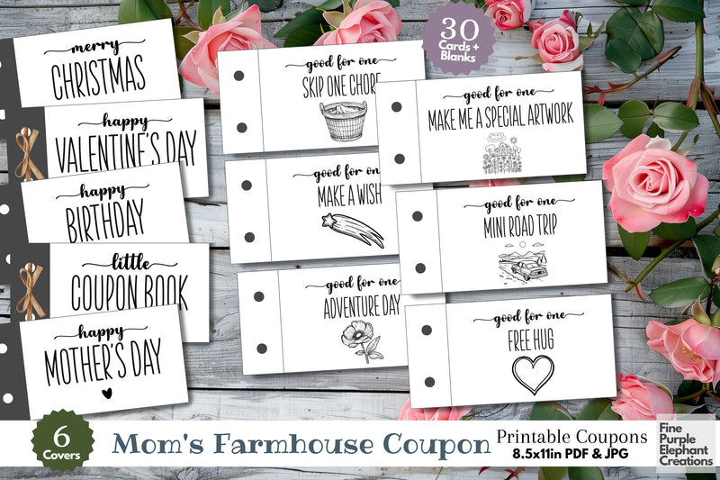 Printable Farmhouse Mother's Day Digital Coupon Book Cards - So Fontsy