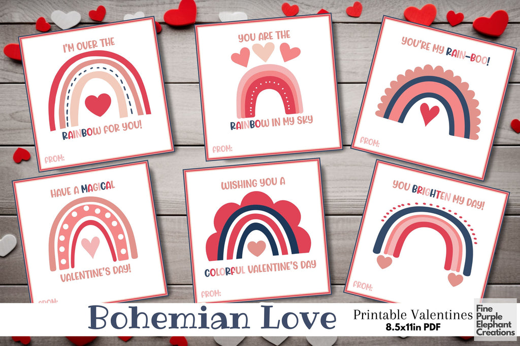 Printable Kid Boho Rainbow Valentine Digital Paper Card - So Fontsy