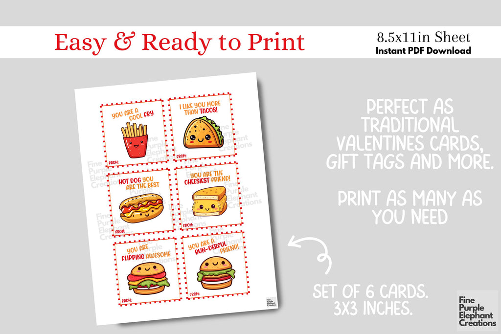 Printable Kid Junk Food Valentine Digital Paper Cards - So Fontsy