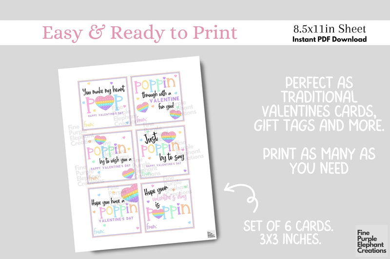 Printable Kids Fidget Pop It Valentine Digital Paper Cards - So Fontsy