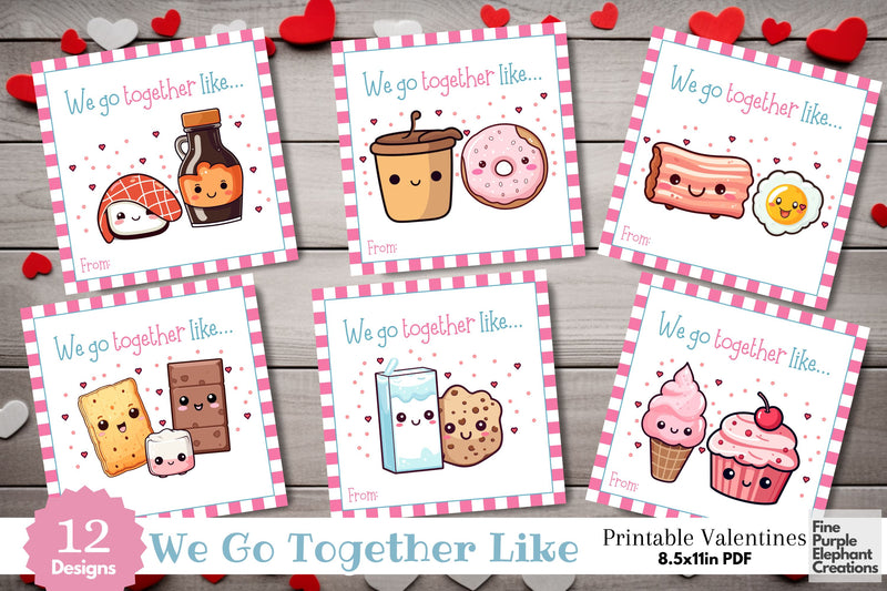 Printable Kids Kawaii We Go Together Like Valentine Digital Paper Cards ...