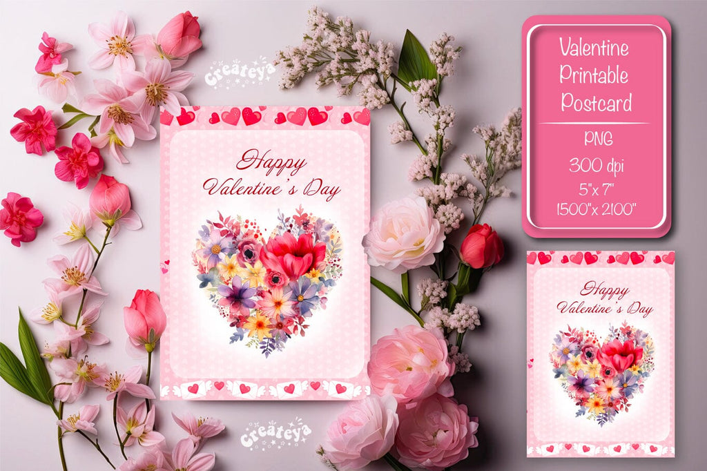 Printable Valentine card Watercolor flower Heart St Valentine's Day ...