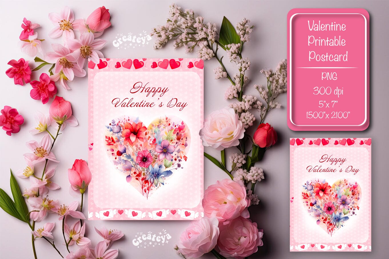 Printable Valentine card Watercolor flower Heart St Valentine's Day ...