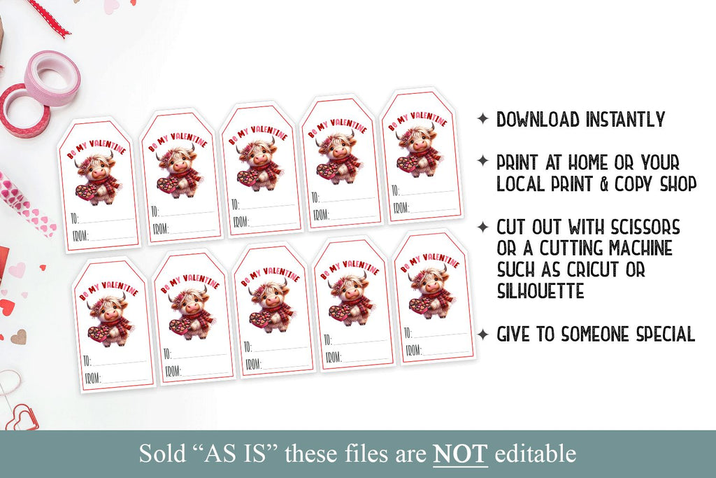 Printable Valentine Gift Tags - Cute Highland Cow Design - So Fontsy