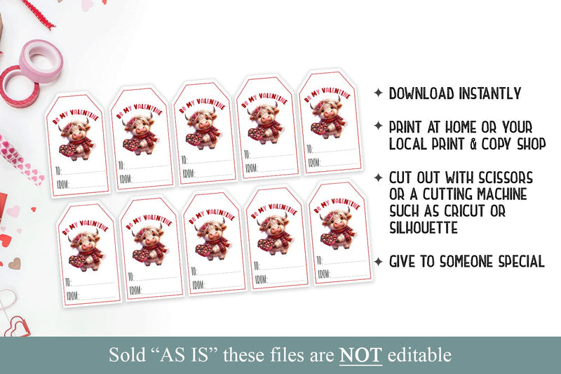 Printable Valentine Gift Tags - Cute Highland Cow Design - So Fontsy