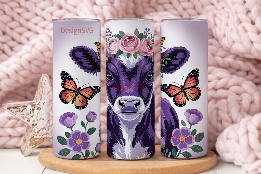 Purple Floral Cow 20oz Tumbler Wrap - So Fontsy