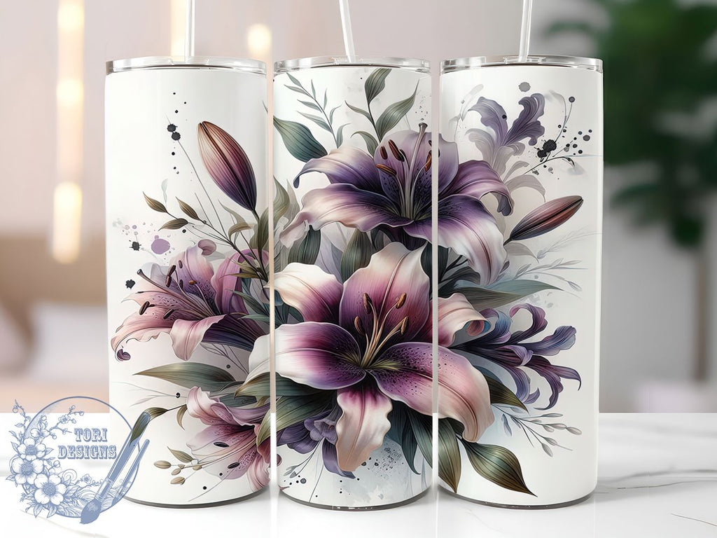 Purple Lily Watercolor Floral Tumbler, Floral Watercolor Cup, 20oz ...