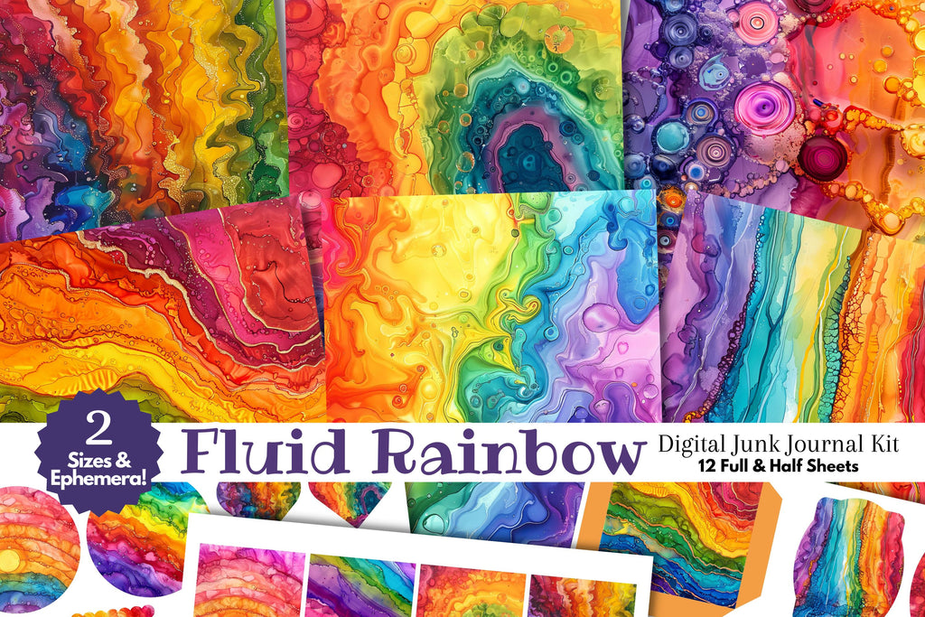 Rainbow Alcohol Ink Digital Junk Journal Kit Half Page Pride - So Fontsy