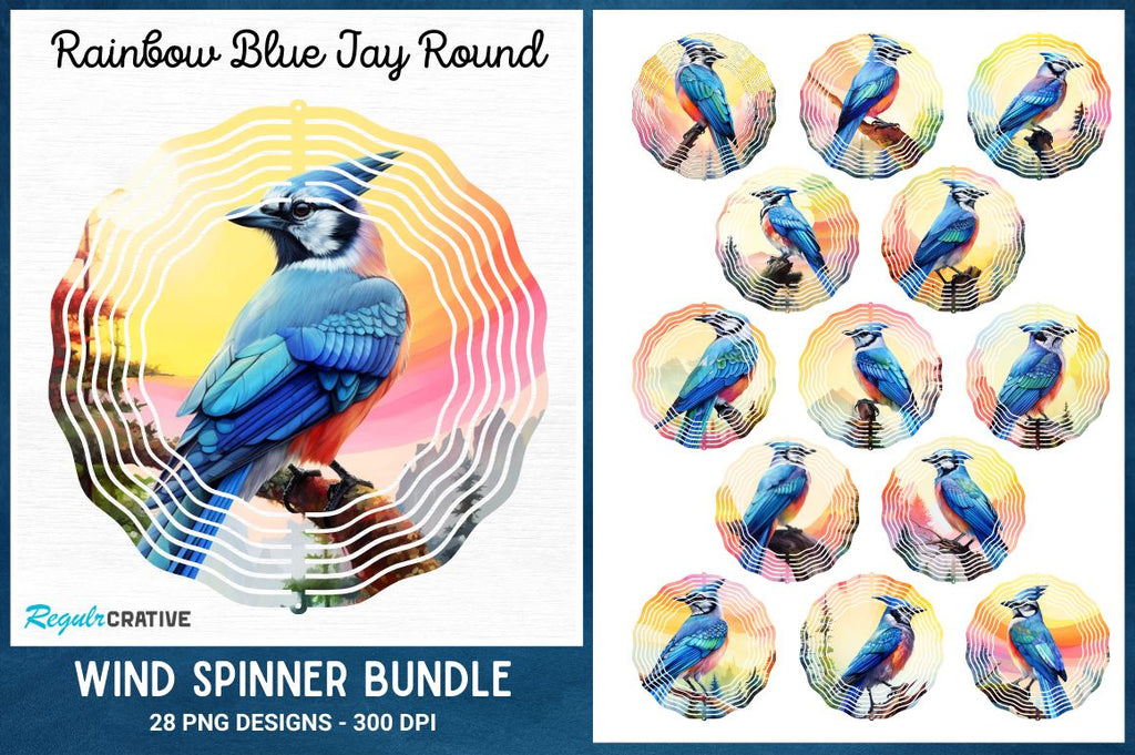 Rainbow Blue Jay Round Spinner Sublimation Bundle - So Fontsy