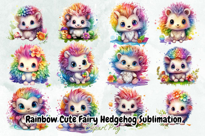 Rainbow Cute Fairy Hedgehog Sublimation Clipart Bundle - So Fontsy