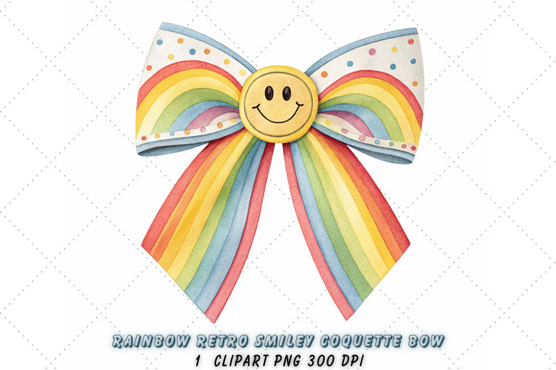 Rainbow Retro Smiley Coquette Bow Clipart, rainbow retro bow, smiley ...