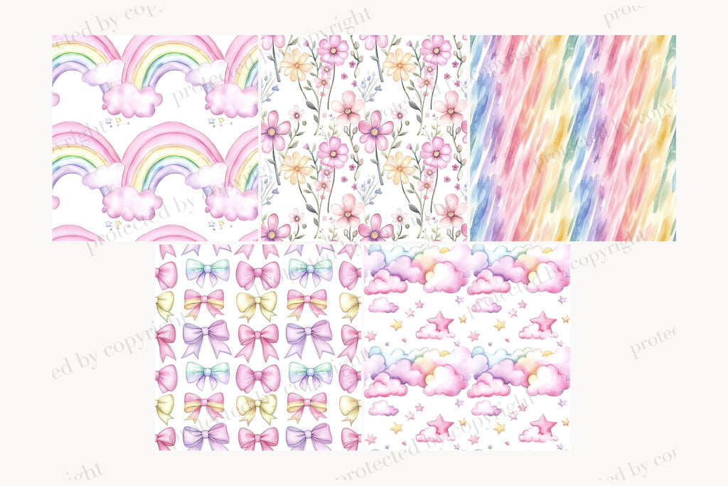 Rainbow Unicorn Digital Paper | Nursery Seamless Pattern Set - So Fontsy