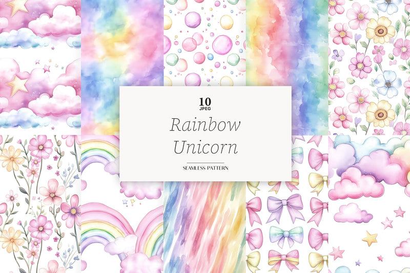 Rainbow Unicorn Digital Paper | Nursery Seamless Pattern Set - So Fontsy