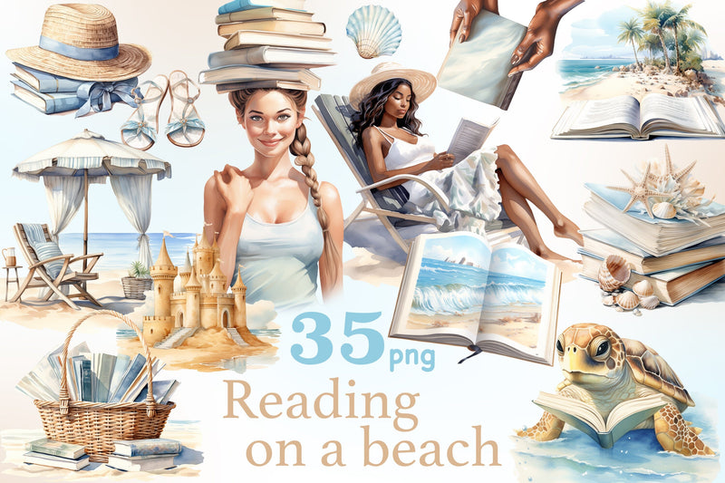 Reading On A Beach Clipart | Summer PNG Set - So Fontsy