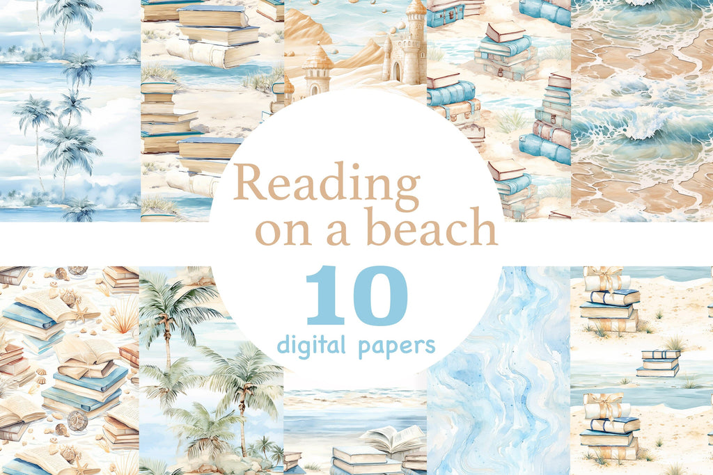 Reading On A Beach Digital Papers | Summer Pattern Set - So Fontsy