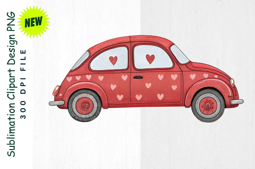 Red Car with Heart Wheels and Cupid's Arrow Sublimation Clipart - So Fontsy
