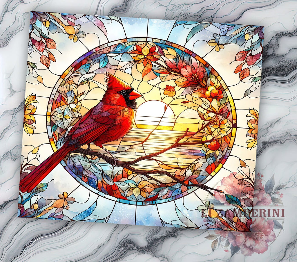 Red Cardinal Stained Glass Bird 20oz Tumbler Wrap PNG, Red Cardinal ...