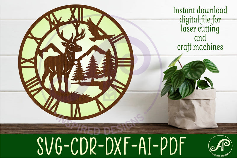 Red deer stag clock wall clock laser cut files - So Fontsy
